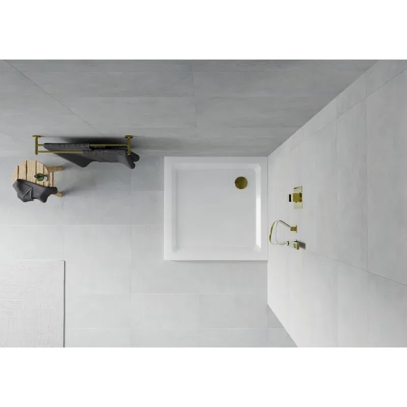 Mexen Flat brodzik kwadratowy slim 100 x 100 cm, biały, syfon złoty ...
